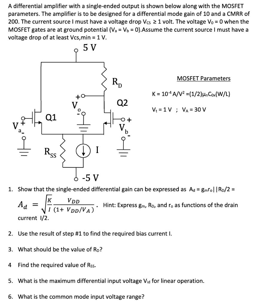 A differential amplifier with a single-ended output | Chegg.com