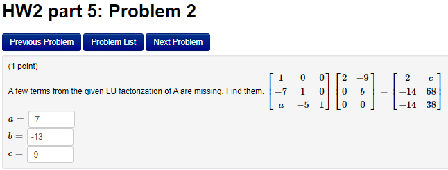 Solved (1 point) A few terms from the given LU factorization | Chegg.com