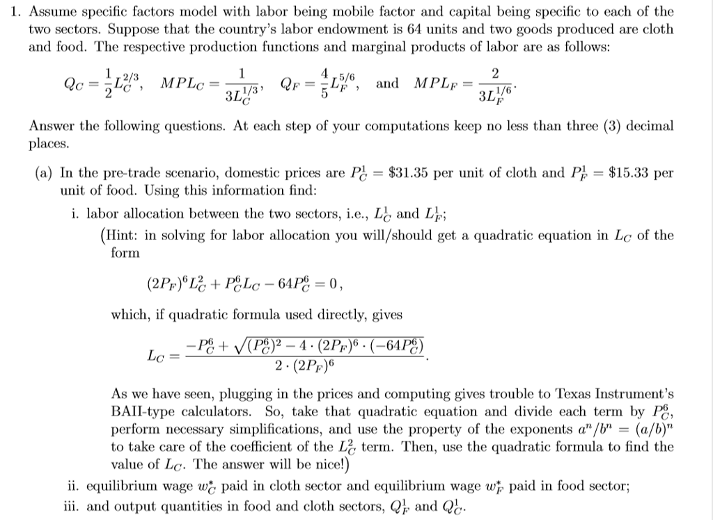 1. Assume specific factors model with labor being | Chegg.com