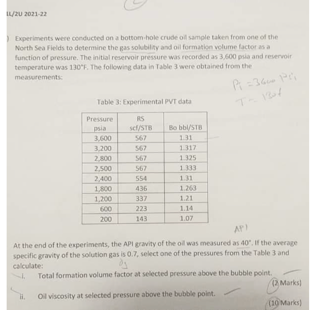 Solved Experiments were conducted on a bottom-hole crude oll | Chegg.com