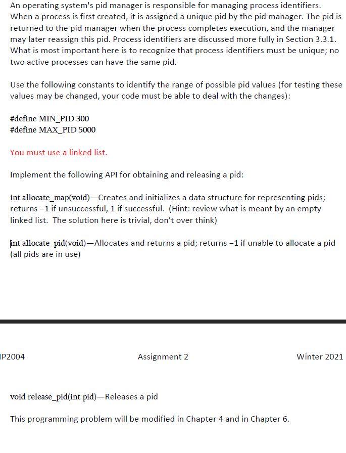 Solved An operating system's pid manager is responsible for | Chegg.com