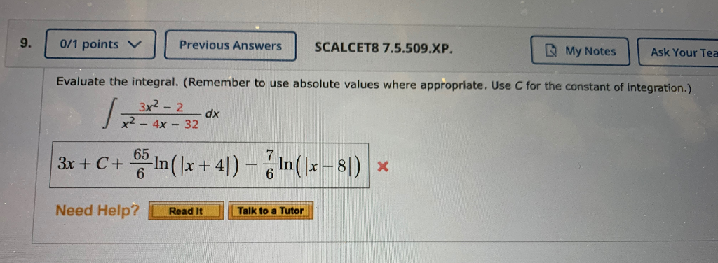 Solved 0/1 points Previous Answers SCALCET8 7.5.504.XP. | Chegg.com