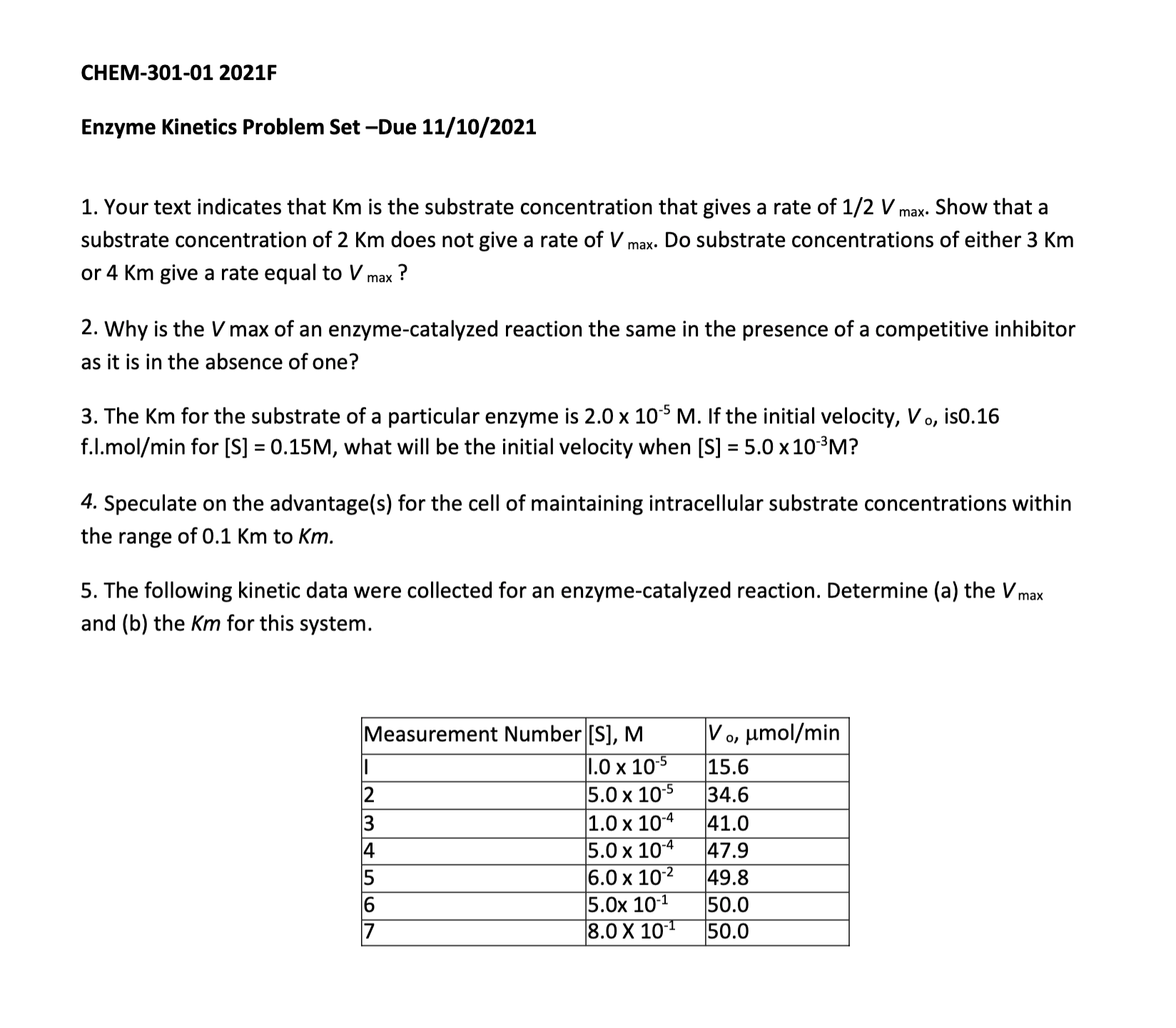 Solved Enzyme Kinetics Problem Set -Due 11/10/2021 1. Your | Chegg.com