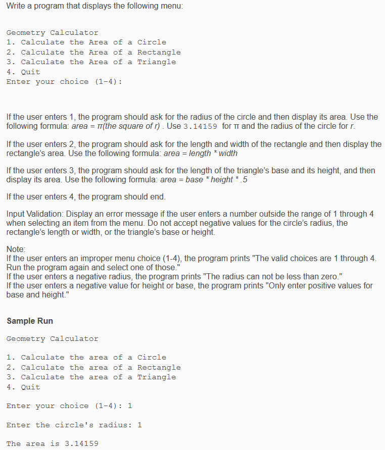 Solved Write a program that displays the following menu: | Chegg.com