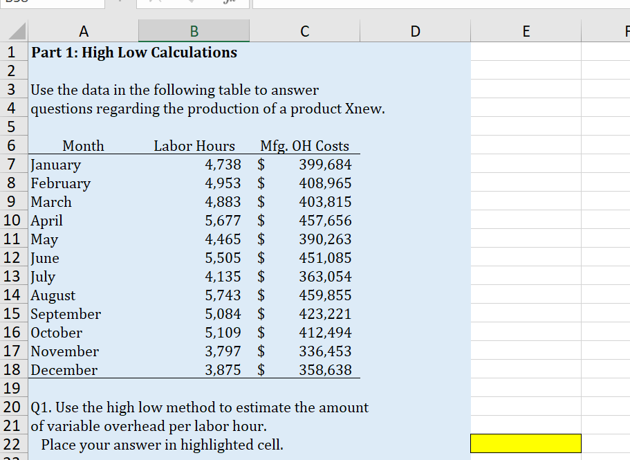 Part 1: High Low Calculations Use the data in the | Chegg.com