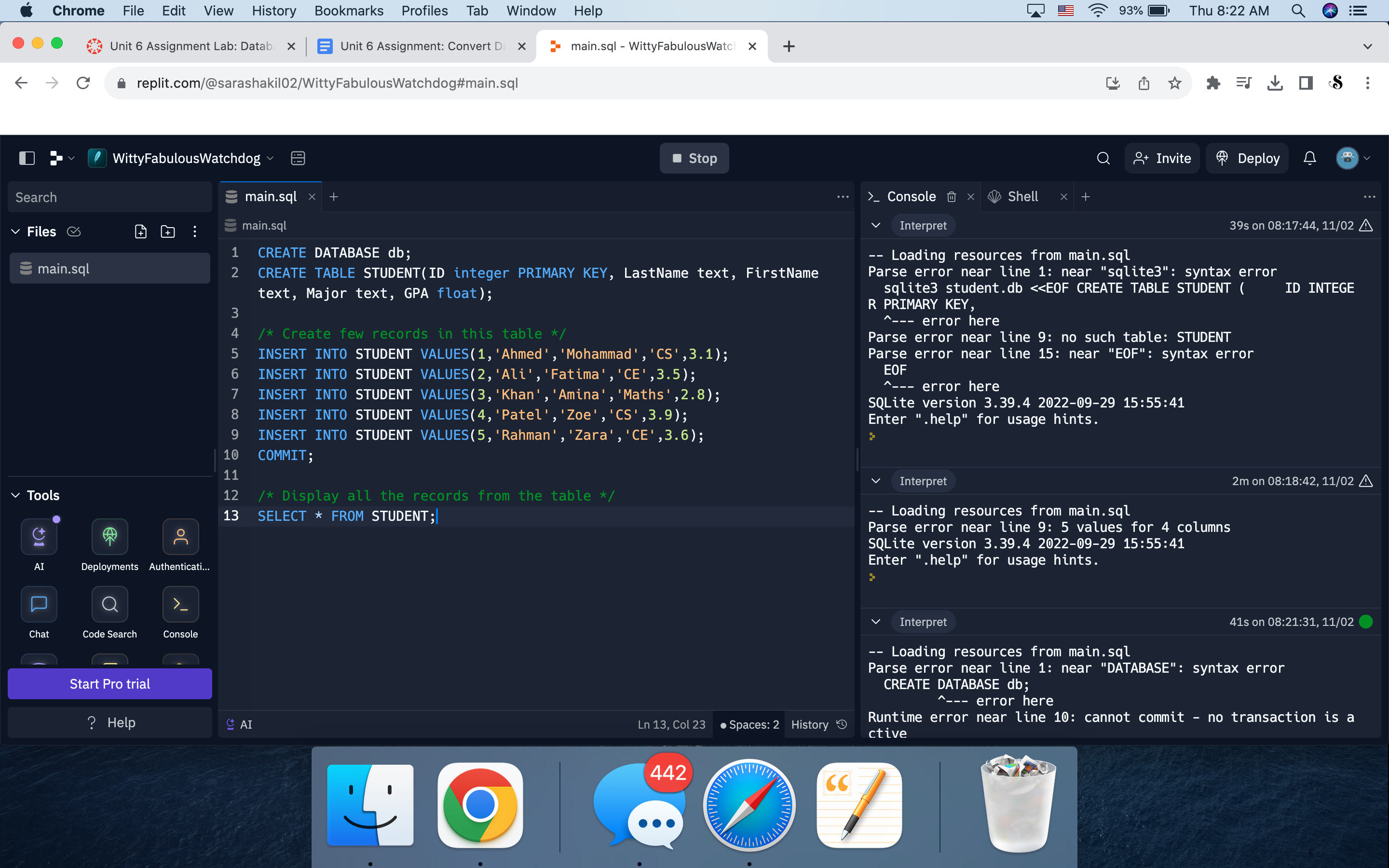 Solved >_ Console 画 ×B Shell ×+ Interpret 39 s on | Chegg.com