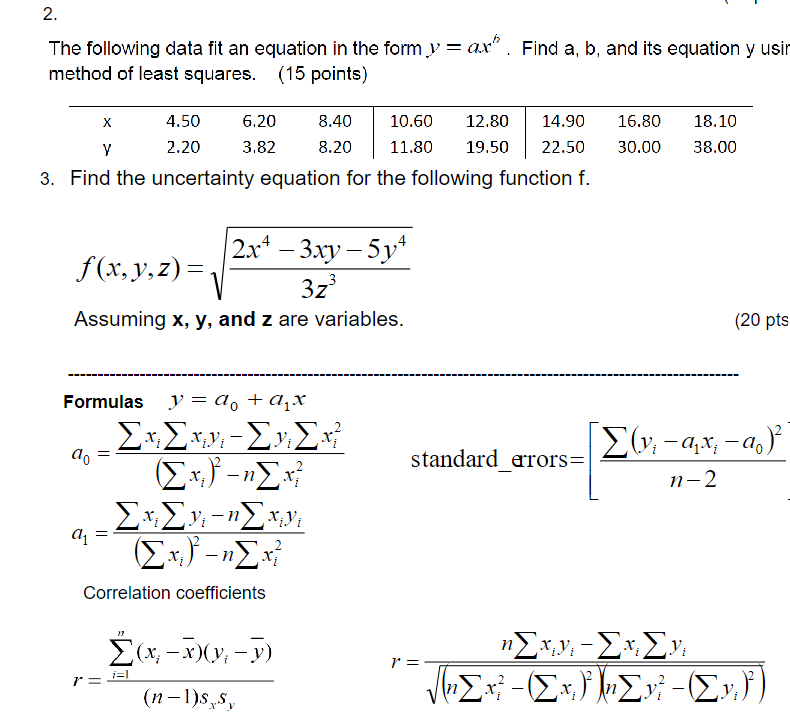 Solved The following data fit an equation in the form y=axh. | Chegg.com