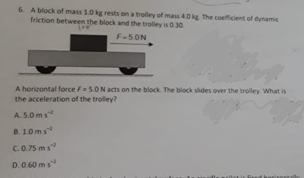 Solved 6. A block of mass 1.0 kg rests on a trolley of mass | Chegg.com