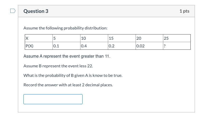 Solved Question 3 1 pts Assume the following probability | Chegg.com