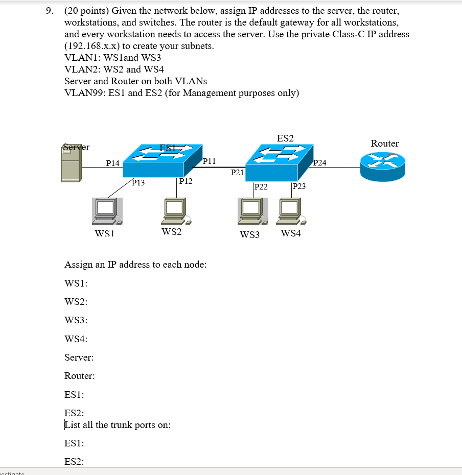 Solved 9. (20 points) Given the network below, assign IP | Chegg.com