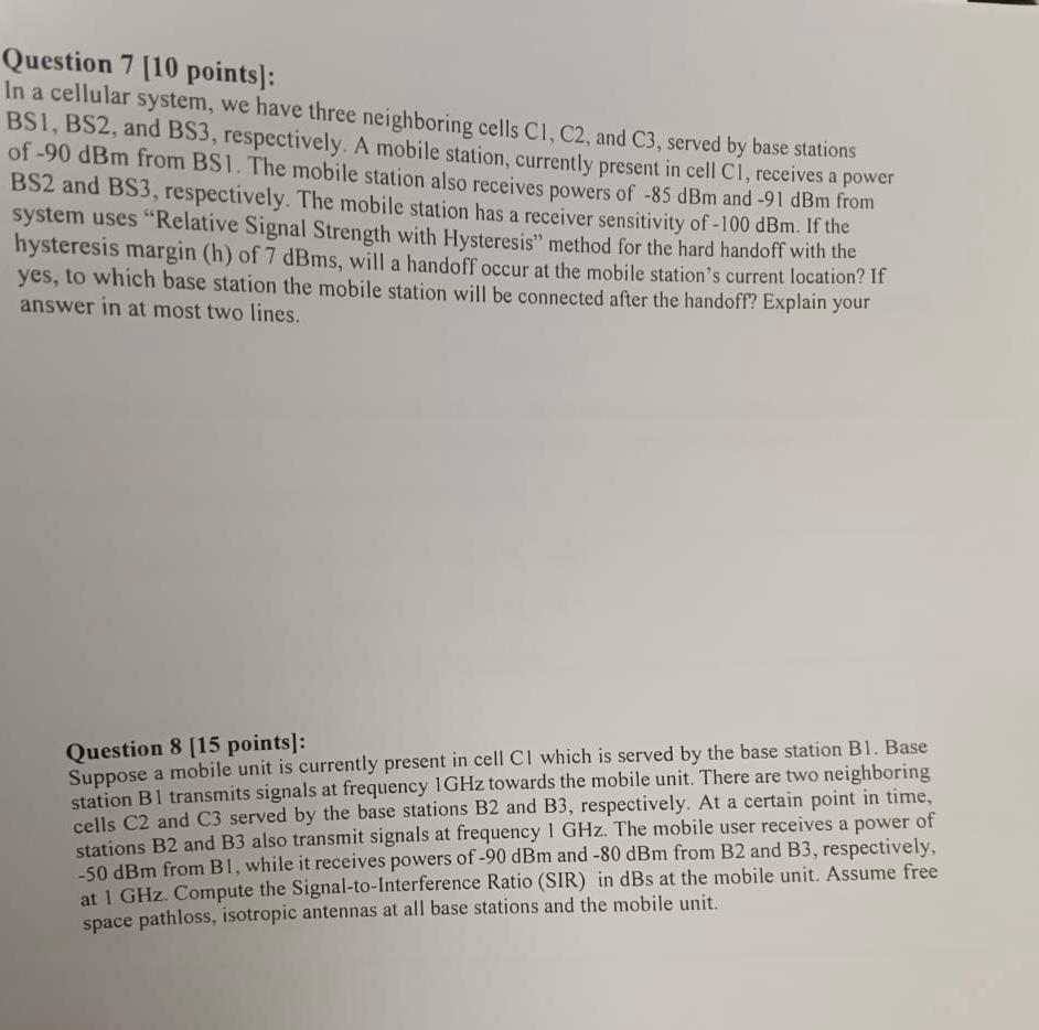 Solved Question 7 [10 points]: In a cellular system, we have | Chegg.com