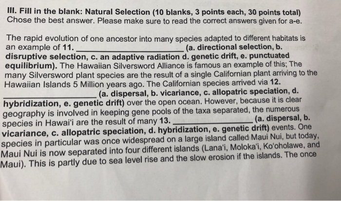 Solved III. Fill in the blank: Natural Selection (10 blanks, | Chegg.com