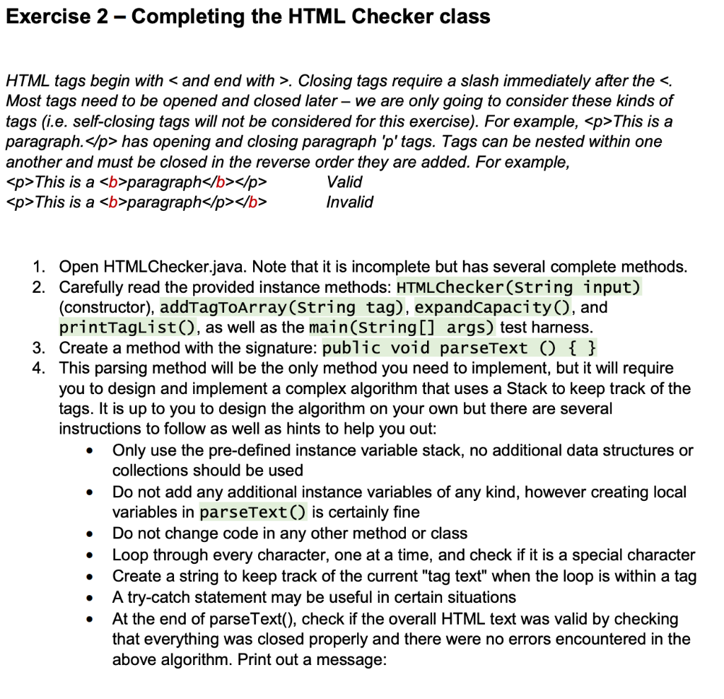 Exercise 2 - Completing the HTML Checker class HTML | Chegg.com