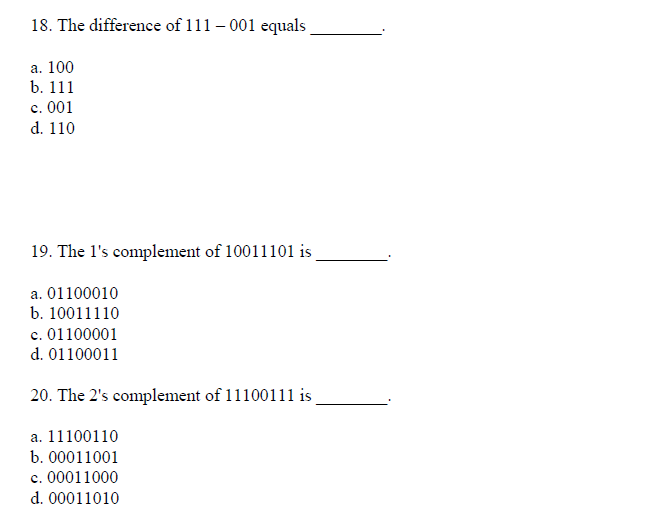 Solved 18. The difference of \\( 111-001 \\) equals a. 100 | Chegg.com