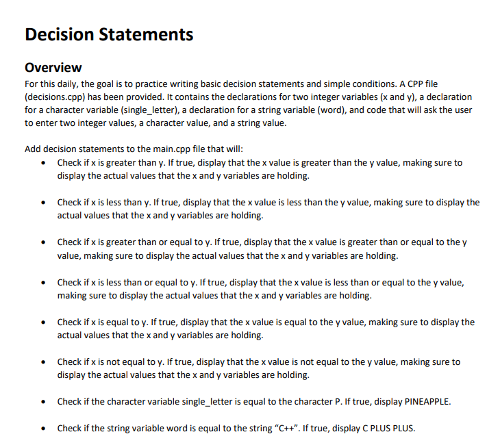 Solved Decision Statementsoverviewfor This Daily The Goal 