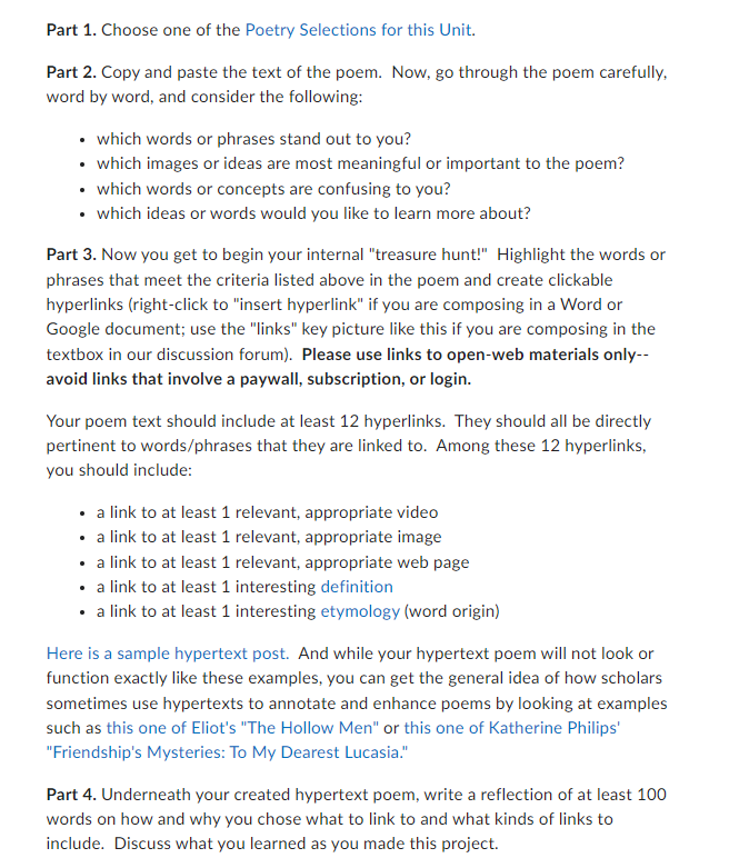 Part 1. Choose one of the Poetry Selections for this | Chegg.com