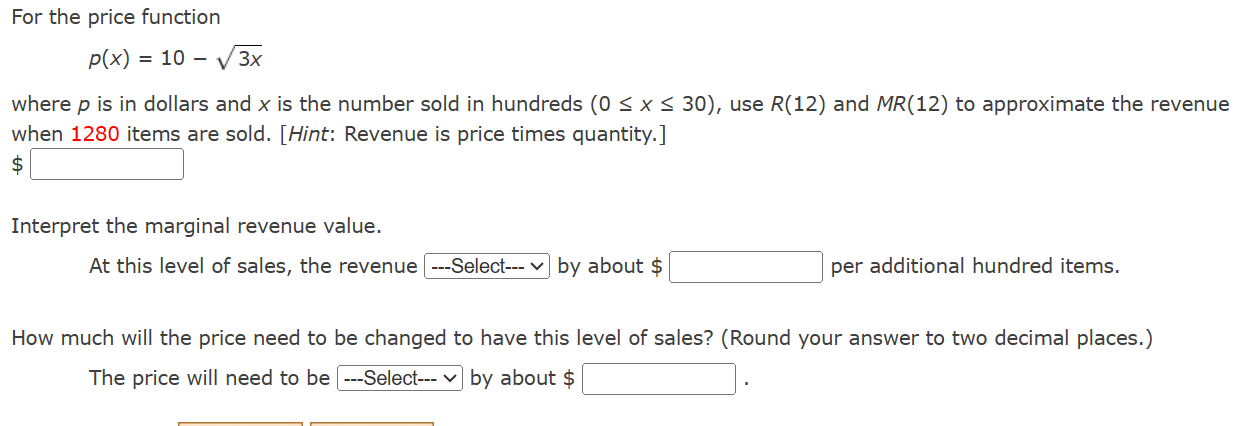 Solved For the price function p(x)=10−3x where p is in | Chegg.com