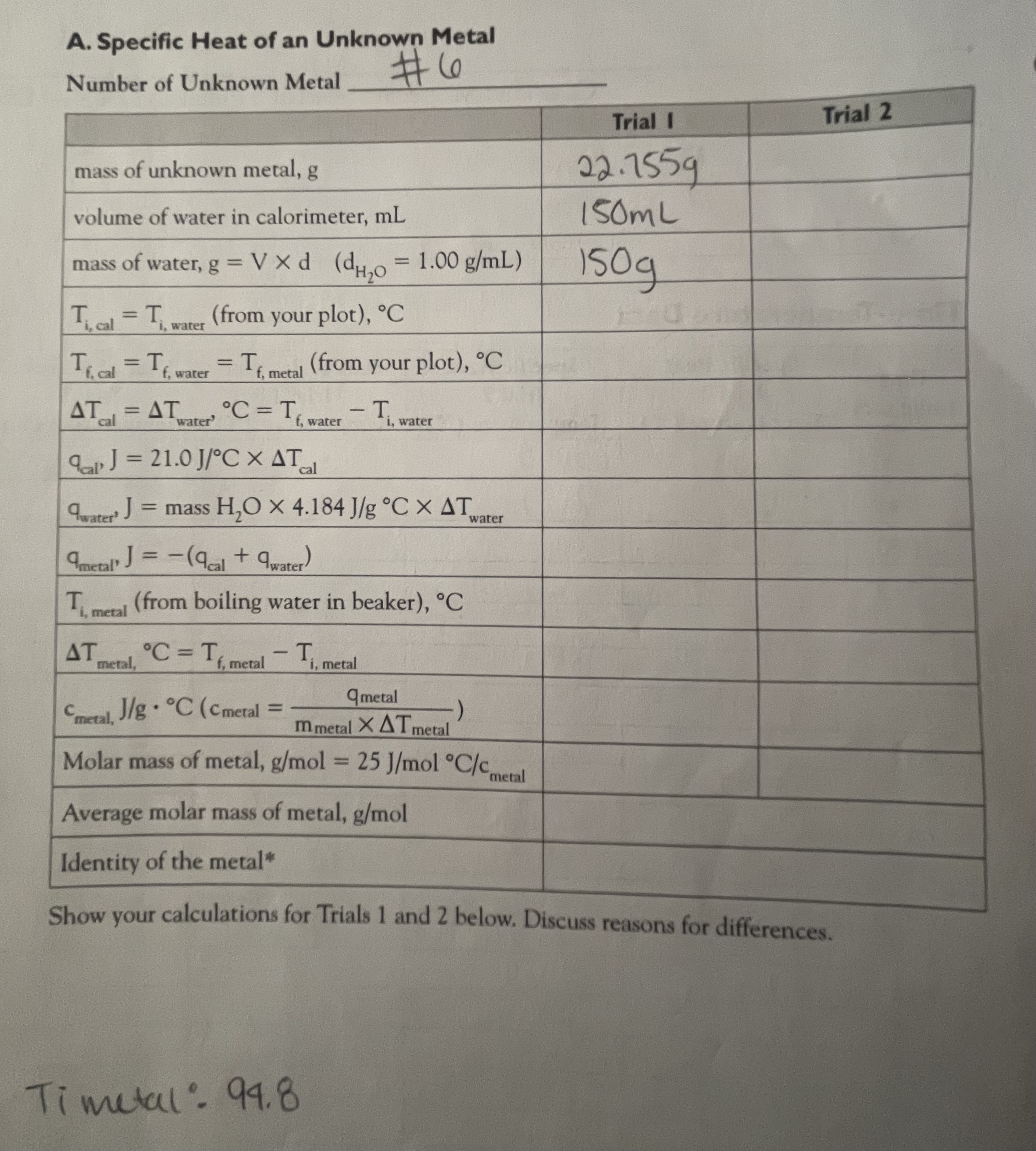 Time-Temperature Data A. Specific Heat of an Unknown | Chegg.com