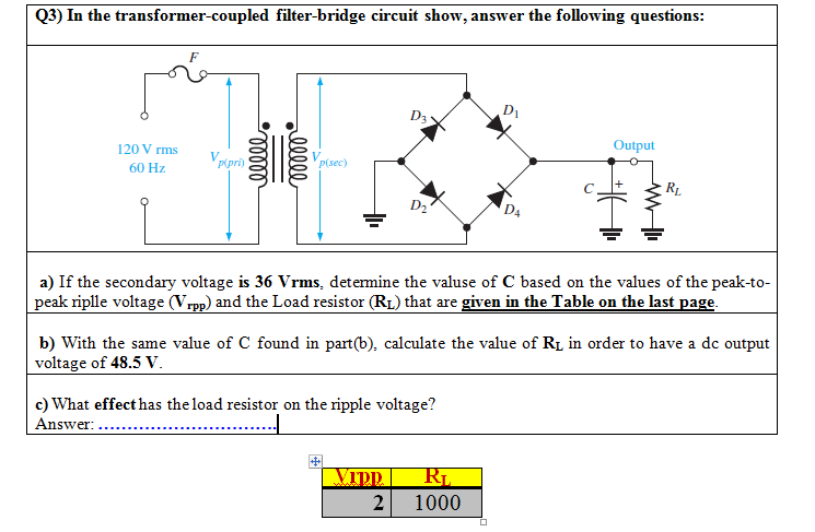 Solved (3) In the transformer-coupled filter-bridge circuit | Chegg.com