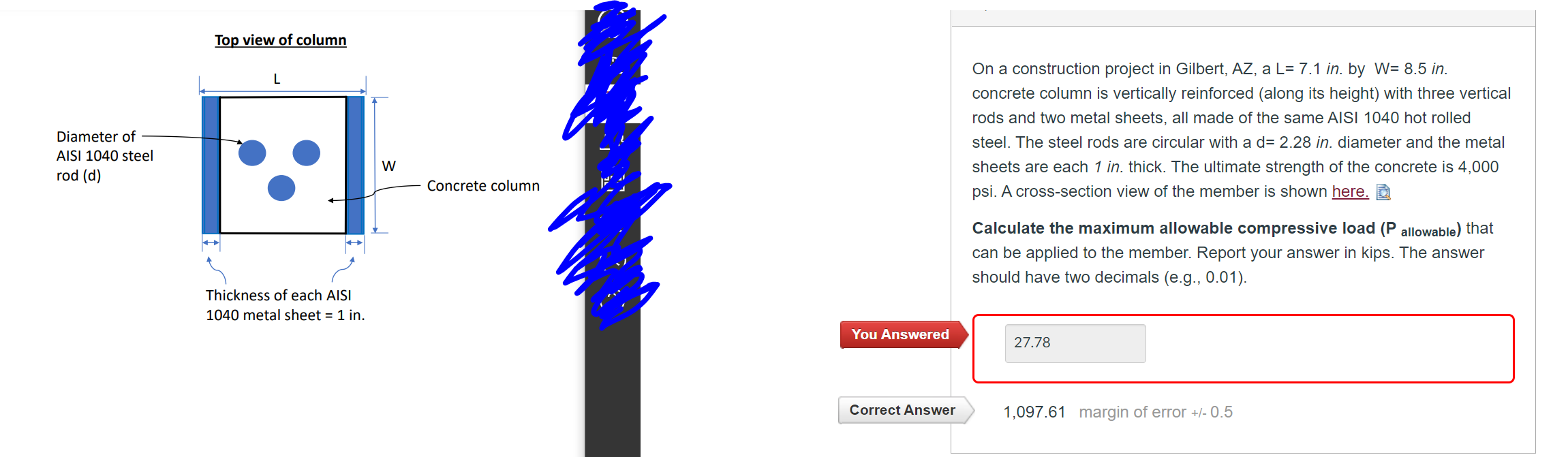 Solved Top view of column L Diameter of AISI 1040 steel rod | Chegg.com