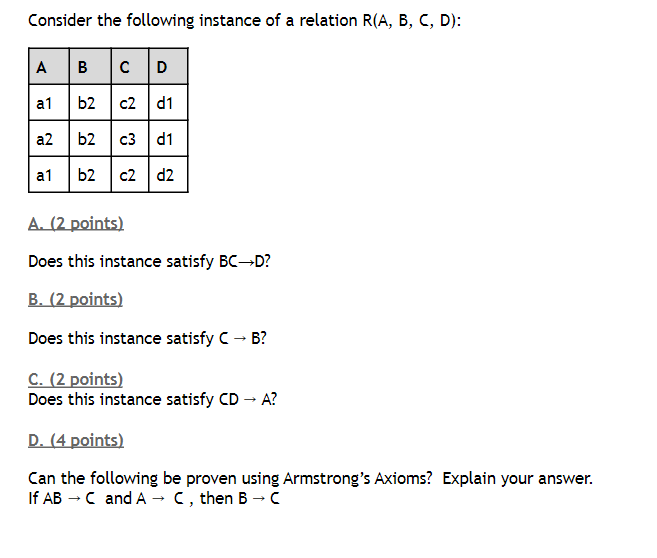Solved Consider the following instance of a relation R(A, B, | Chegg.com