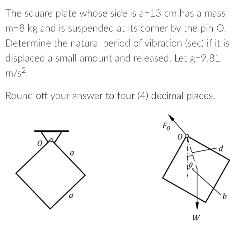 [Solved]: The square plate whose side is a=13cm has a mass