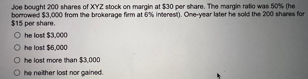 Solved Joe bought 200 shares of XYZ stock on margin at $30 | Chegg.com
