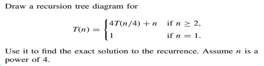 Solved Draw a recursion tree diagram for (4T(n/4) +n T(n)= | Chegg.com