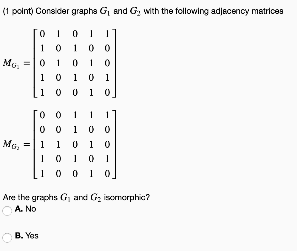 Solved (1 point) Consider graphs G1 and G2 with the | Chegg.com
