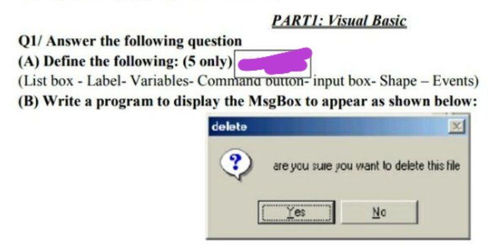 Solved PARTI: Visual Basic Q1/ Answer the following question | Chegg.com