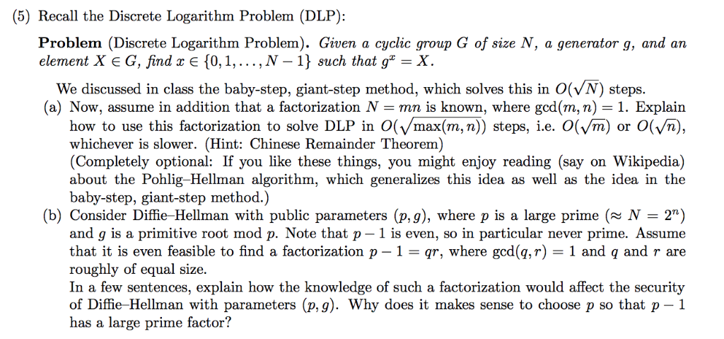 (5) Recall the Discrete Logarithm Problem (DLP): | Chegg.com