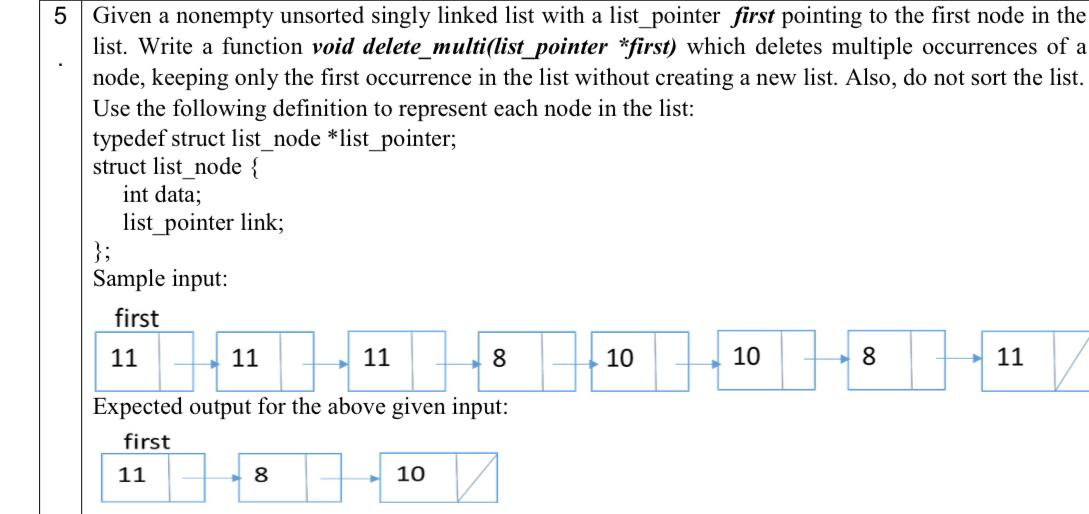 Solved 5 Given a nonempty unsorted singly linked list with a | Chegg.com