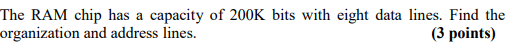 Solved The RAM chip has a capacity of 200K bits with eight | Chegg.com