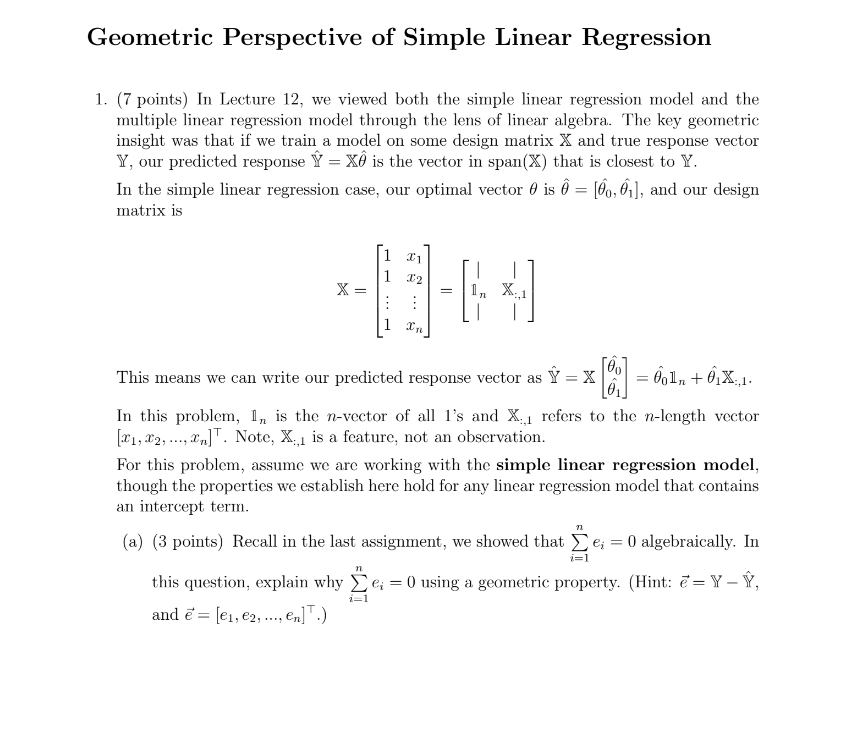 Solved Geometric Perspective of Simple Linear Regression 1. | Chegg.com