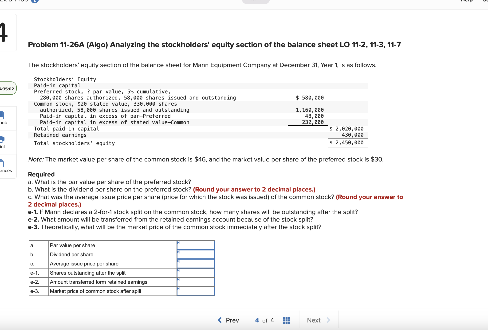 Solved Problem 11-26A (Algo) Analyzing the stockholders' | Chegg.com
