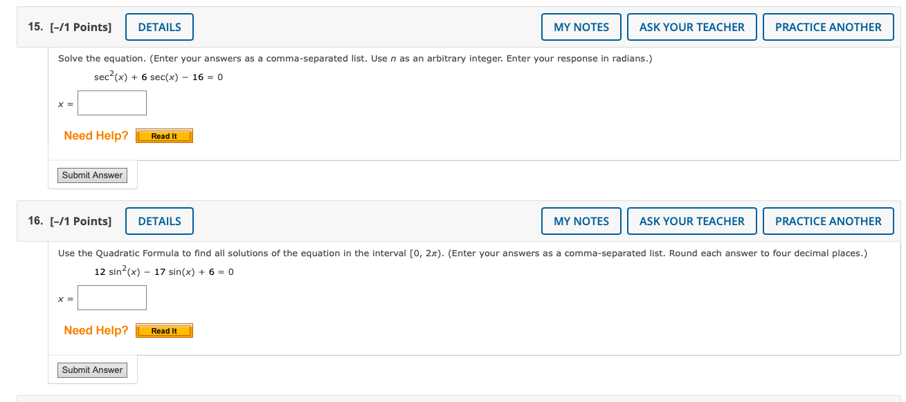 Solved sec2(x)+6sec(x)−16=0x= [-/1 Points] | Chegg.com