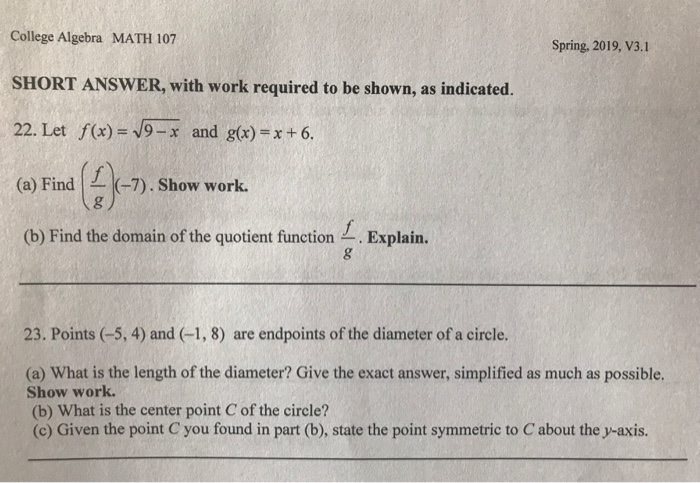 Solved College Algebra MATH 107 SHORT ANSWER, with work | Chegg.com