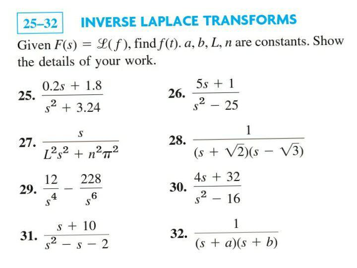 Solved 25-32 INVERSE LAPLACE TRANSFORMS Given F(s) = L(f), | Chegg.com