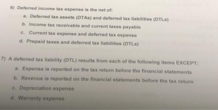 Solved 6) Deferred income tax expense is the net of: a. | Chegg.com