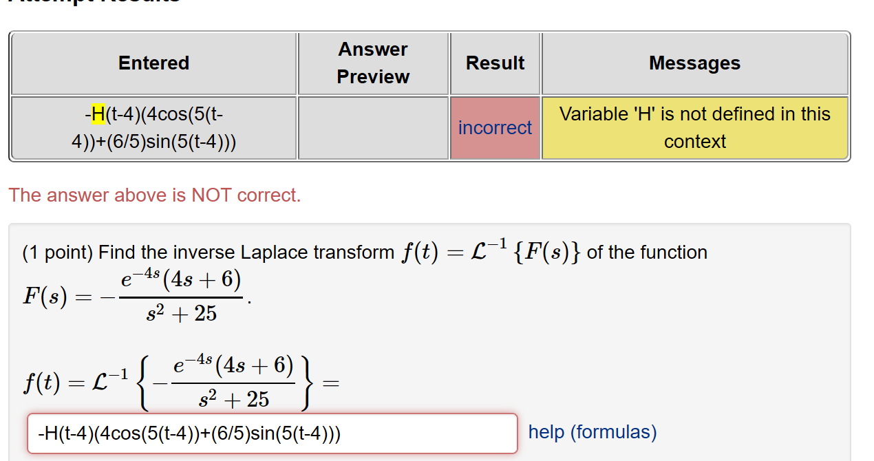 Solved Entered Answer Preview Result Messages Variable 'H' | Chegg.com