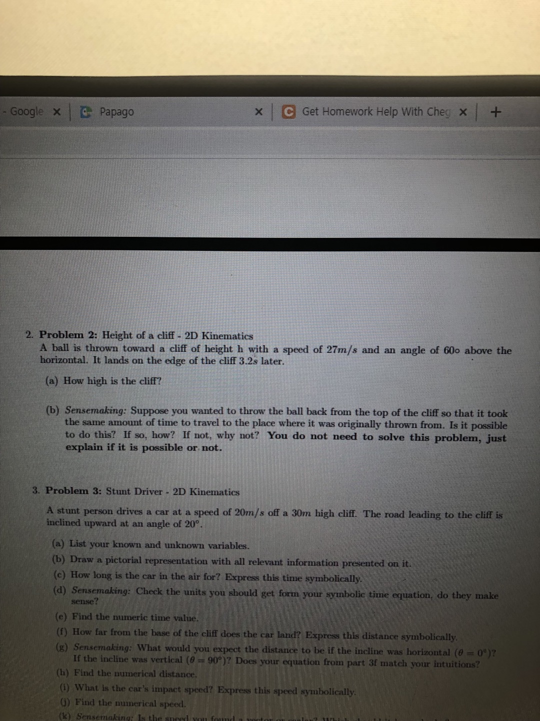 Solved 2. Problem 2: Height of a cliff - 2D Kinematics A | Chegg.com