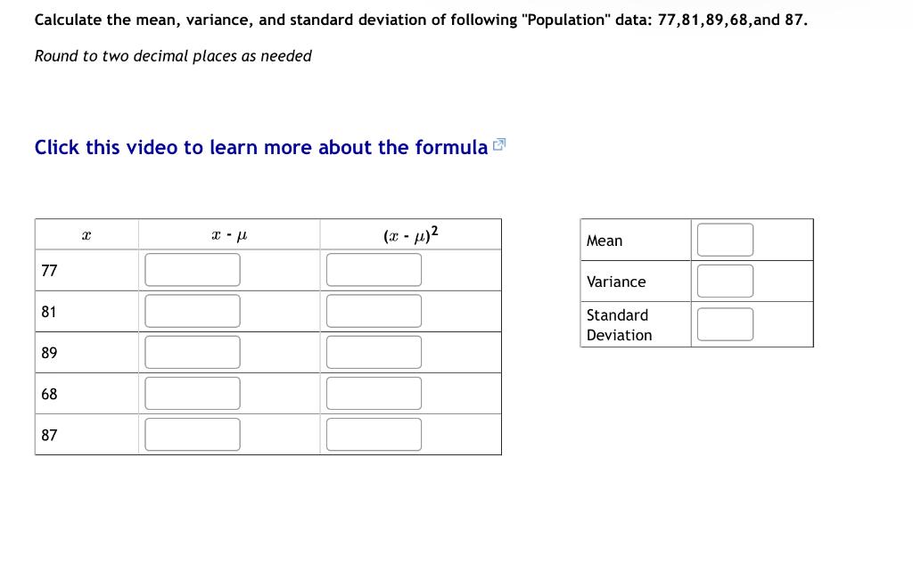 Solved Calculate the mean, variance, and standard deviation | Chegg.com
