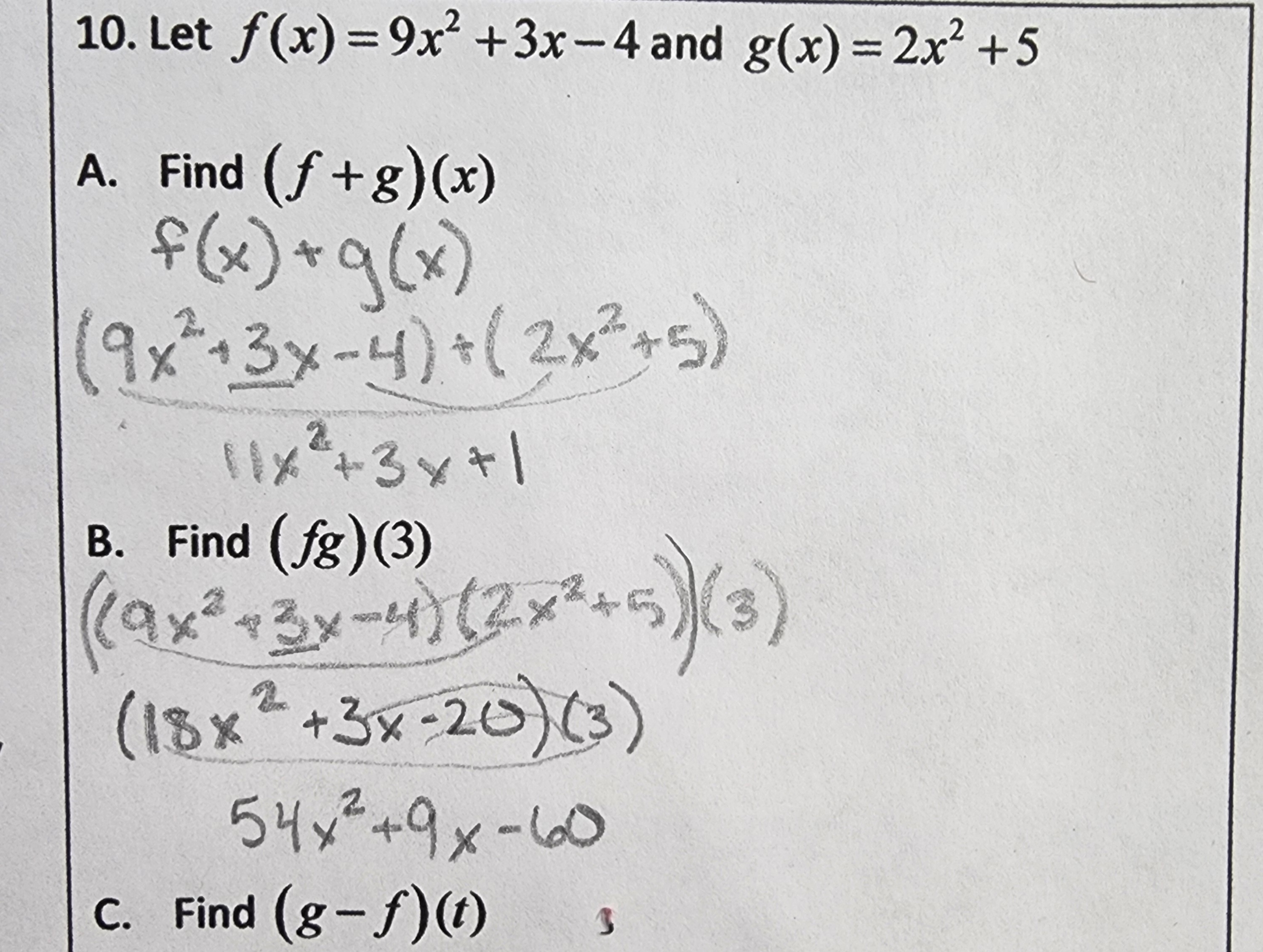 Solved Let F x 9x2 3x 4 and G x 2x2 5A Find f g x B Chegg