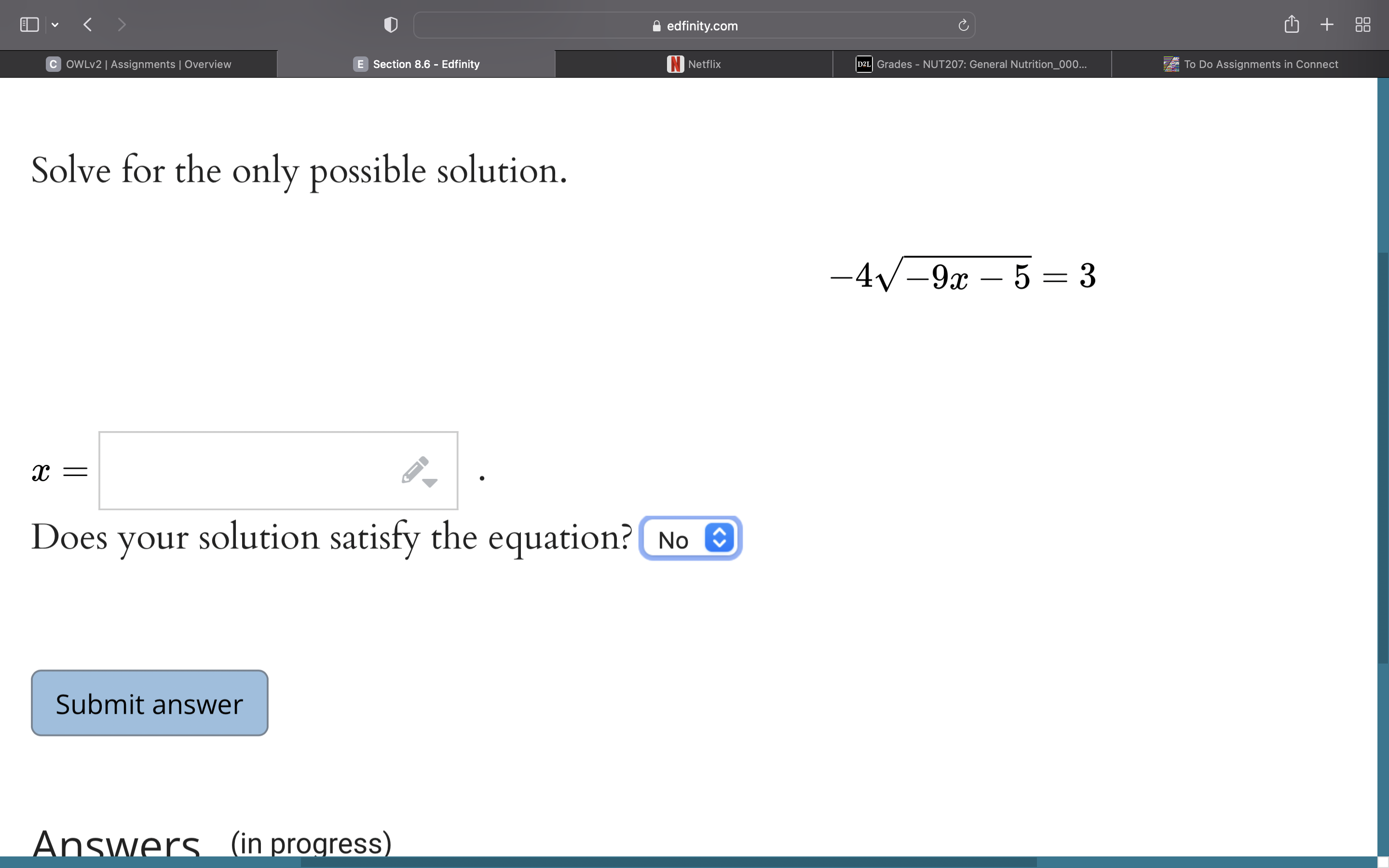 Solved Solve for the only possible solution. −4−9x−5=3 x= | Chegg.com