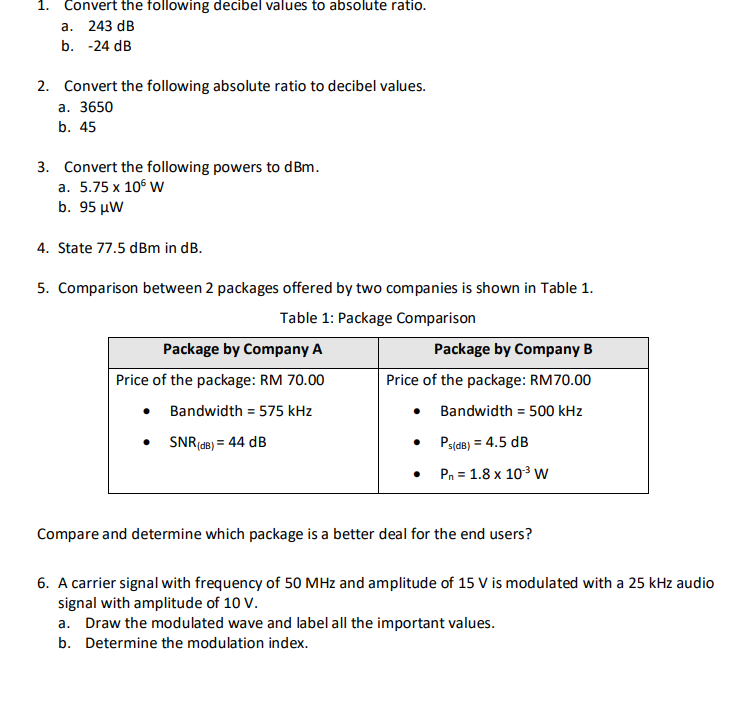 Solved 1. Convert the following decibel values to absolute | Chegg.com