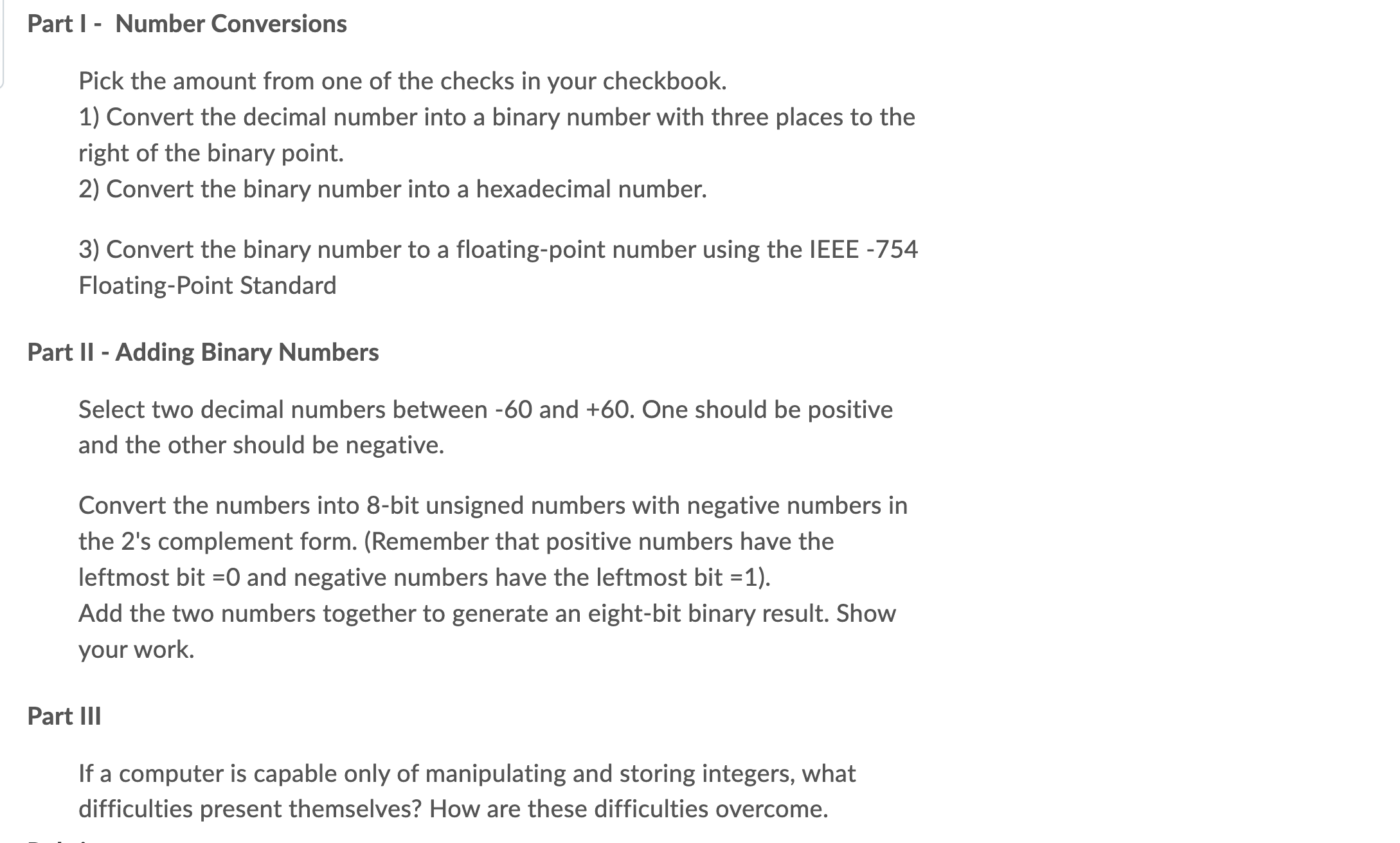 Solved Part I - Number Conversions Pick the amount from one | Chegg.com