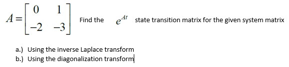 Solved A=[0−21−3] Find the eAt state transition matrix for | Chegg.com