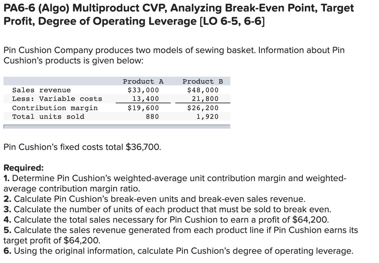 Solved PA6-6 (Algo) Multiproduct CVP, Analyzing Break-Even | Chegg.com