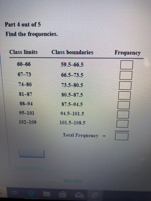 Part 4 out of 5 Find the frequencies. Class limits | Chegg.com