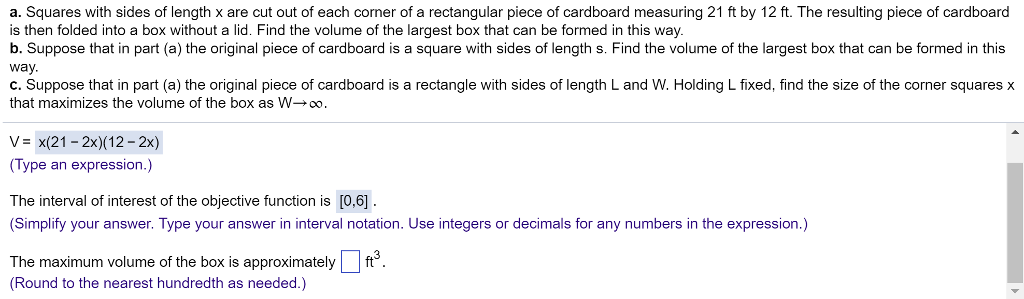 Solved a. Squares with sides of length x are cut out of each | Chegg.com